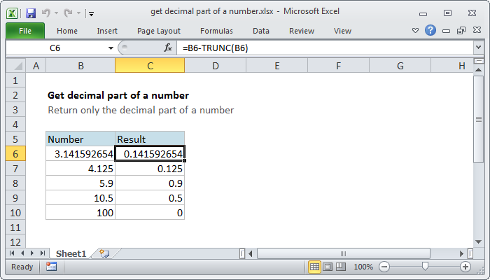 Excel formula: Get decimal part of a number | Exceljet Excel formula: Get decimal part of a number | Exceljet